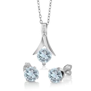 gem stone king 925 sterling silver aquamarine pendant and earrings jewelry set for women (2.25 cttw, round gemstone birthstone, with 18 inch silver chain)