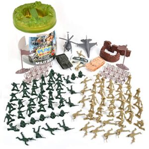 sunny days entertainment military battle group bucket over 100 assorted soldiers and 20 accessories toy play set for kids, boys and girls | plastic army men figures with storage container