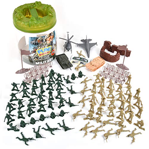 Sunny Days Entertainment Military Battle Group Bucket Over 100 Assorted Soldiers and 20 Accessories Toy Play Set for Kids, Boys and Girls | Plastic Army Men Figures with Storage Container