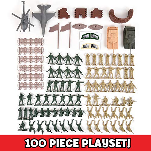 Sunny Days Entertainment Military Battle Group Bucket Over 100 Assorted Soldiers and 20 Accessories Toy Play Set for Kids, Boys and Girls | Plastic Army Men Figures with Storage Container