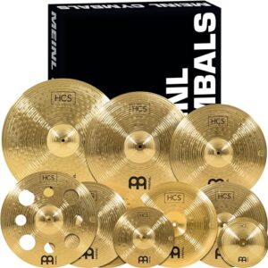 meinl cymbals hcs ultimate cymbal set box pack for drums with hihats, ride, china, splash, bell and free 16” trash crash — made in germany — durable brass, 2-year warranty scs1