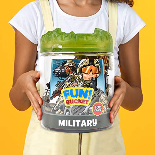 Sunny Days Entertainment Military Battle Group Bucket Over 100 Assorted Soldiers and 20 Accessories Toy Play Set for Kids, Boys and Girls | Plastic Army Men Figures with Storage Container