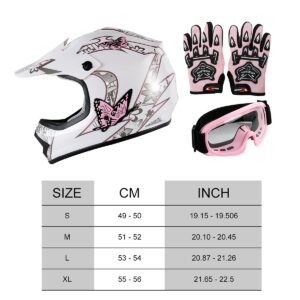 TCMT Youth Pink Butterfly Dirt Bike ATV Helmet Motocross with Goggles and gloves Large