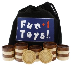 fun+1 toys! classic wood checkers stackable pieces - set of 26 total checkers pieces in a velvet drawstring storage pouch. each piece 1.125-inch wide and in brown/natural colors.