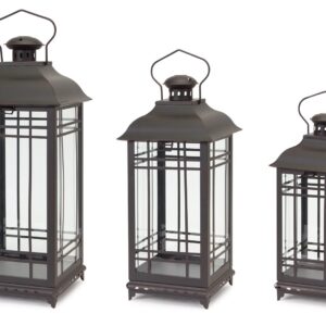 Melrose Rustic Decorative Hanging Metal and Glass Outdoor Porch Deck Patio Home Room Décor Lantern Candle Holder Lights, Bronze (Set of 3)