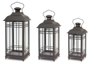 melrose rustic decorative hanging metal and glass outdoor porch deck patio home room décor lantern candle holder lights, bronze (set of 3)