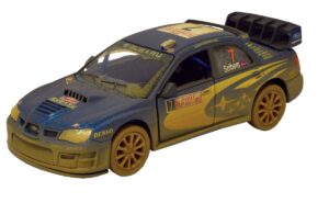 kinsmart 2007 subaru impreza wrc racing edition 5 inch 1:36 scale die cast metal model toy race car after race dirty version