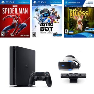 sony sony playstation 4 playstation 4 slim 1tb console plus ps4 vr: ps camera, ps vr headset, dual shock 4 wireless controller, game: spider-man, moss game, astro bot rescue mission, black