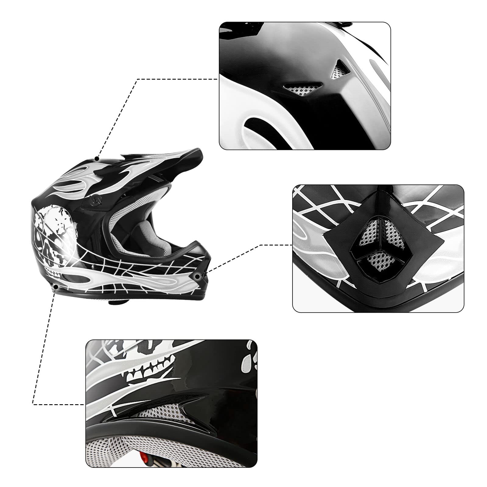 TCMT Black Kids Youth Motorcycle Motocross Offroad Helmet Dirtbike Street Bike Karting BMX MX ATV Full Face Helmet Gloves Goggles Dot Approved