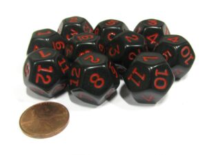 koplow games set of 10 d12 12-sided 18mm opaque rpg dice - black with red numbers