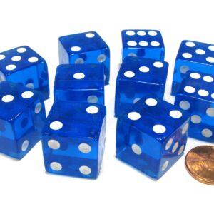 Set of 10 D6 Square Edged 19mm Dice - Transparent Blue with White Pips by Koplow Games