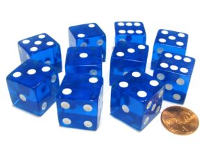 set of 10 d6 square edged 19mm dice - transparent blue with white pips by koplow games