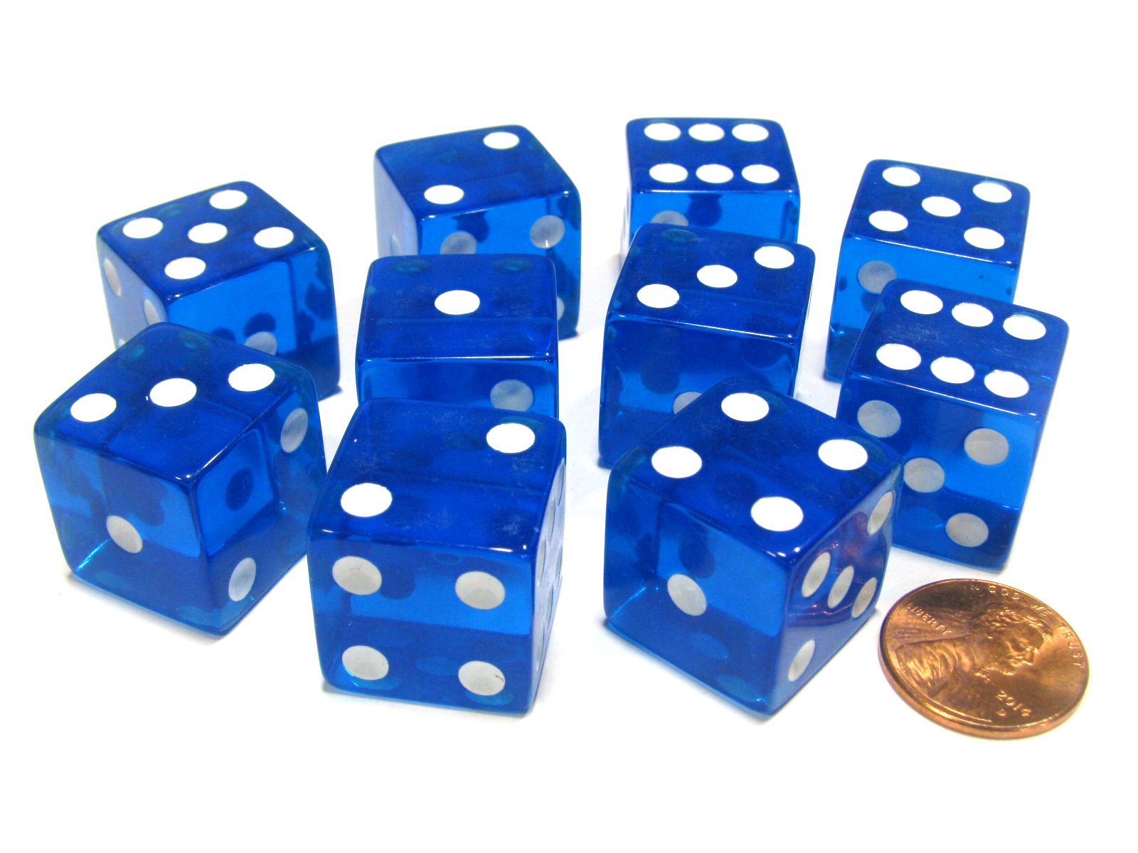 Set of 10 D6 Square Edged 19mm Dice - Transparent Blue with White Pips by Koplow Games