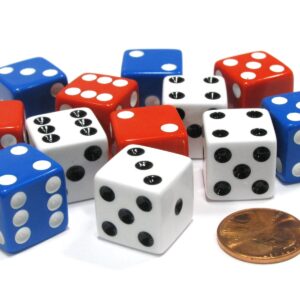 Set of 12 Six Sided 16mm D6 Dice - Patriotic USA 4 Each of Red White & Blue by Koplow Games