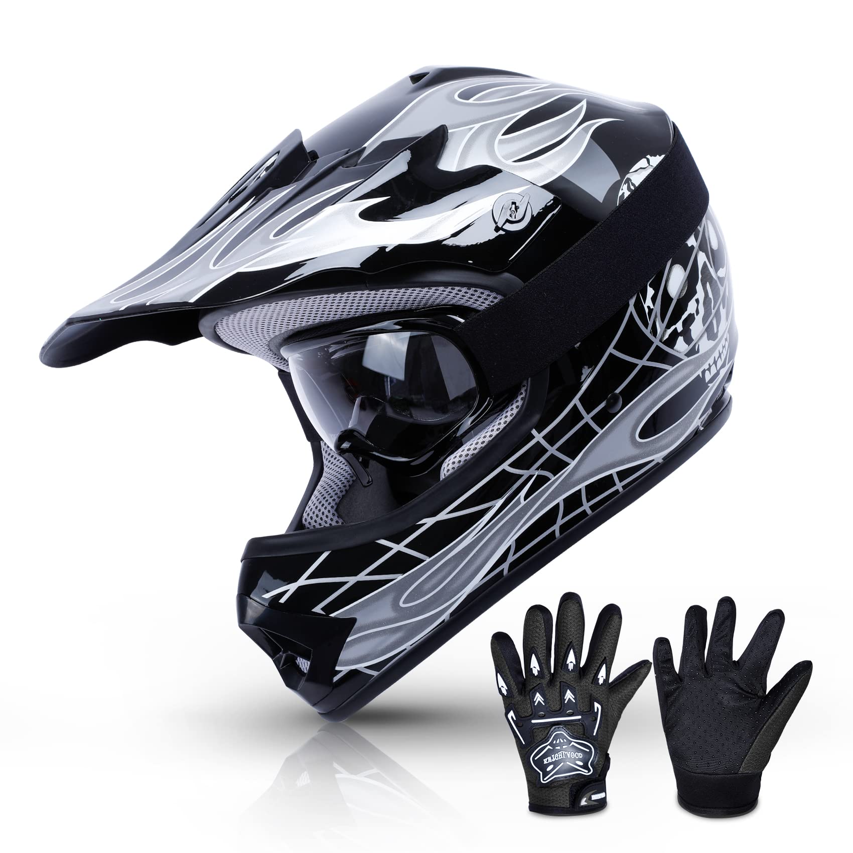 TCMT Black Kids Youth Motorcycle Motocross Offroad Helmet Dirtbike Street Bike Karting BMX MX ATV Full Face Helmet Gloves Goggles Dot Approved