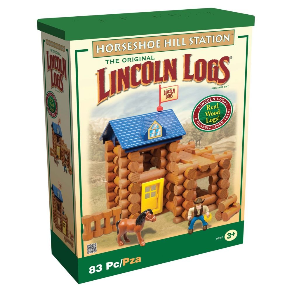 LINCOLN LOGS-Horseshoe Hill Station-84 Pieces-Real Wood Logs - Ages 3+ - Best Retro Building Gift Set for Boys/Girls – Creative Construction Engineering – Top Blocks Game Kit - Preschool Education Toy