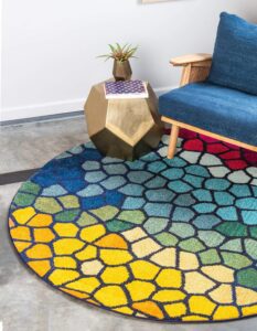 unique loom estrella collection geometric, abstract, colorful, modern, mosaic area rug, round 6' 1 x 6' 1, multi/blue