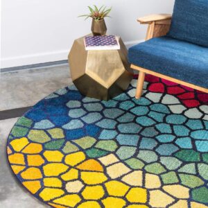 Unique Loom Estrella Collection Geometric, Abstract, Colorful, Modern, Mosaic Area Rug, Round 6' 1 x 6' 1, Multi/Blue