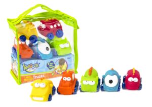 kidoozie mini monster trucks – teaches beneficial roleplay and employs tactile engagement – includes yellow, orange, blue, green, and red trucks with varying facial expressions – for ages 18 months and up