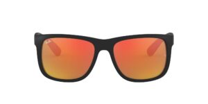 ray-ban rb4165 justin rectangular sunglasses, rubber black/brown mirrored orange, 55 mm