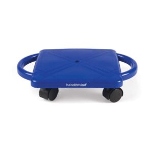 hand2mind blue indoor scooter board with handles, floor scooter, sit down scooter, gym activities for kids, indoor recess games, sport scooters, physical education equipment, gross motor toys