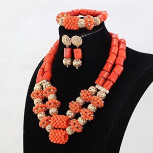 2018 Latest Coral Jewelry Sets Nigerian Dubai Orange Necklace Sets of Beads African Bridal Jewelry Sets