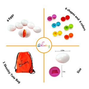 Skoolzy Shapes Matching Egg Toy 6 pc Set, Easter Egg Basket Toys for Toddlers, Montessori Sensory Bin Toy for Preschool Kids & Blind Children Learning Shape Sorting, with Bag & eBook