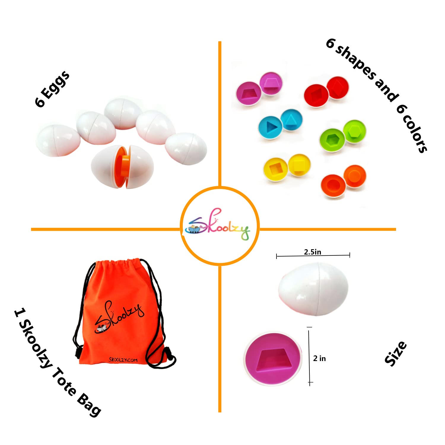 Skoolzy Shapes Matching Egg Toy 6 pc Set, Easter Egg Basket Toys for Toddlers, Montessori Sensory Bin Toy for Preschool Kids & Blind Children Learning Shape Sorting, with Bag & eBook