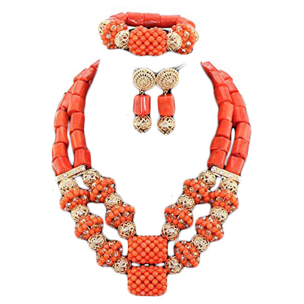 2018 Latest Coral Jewelry Sets Nigerian Dubai Orange Necklace Sets of Beads African Bridal Jewelry Sets