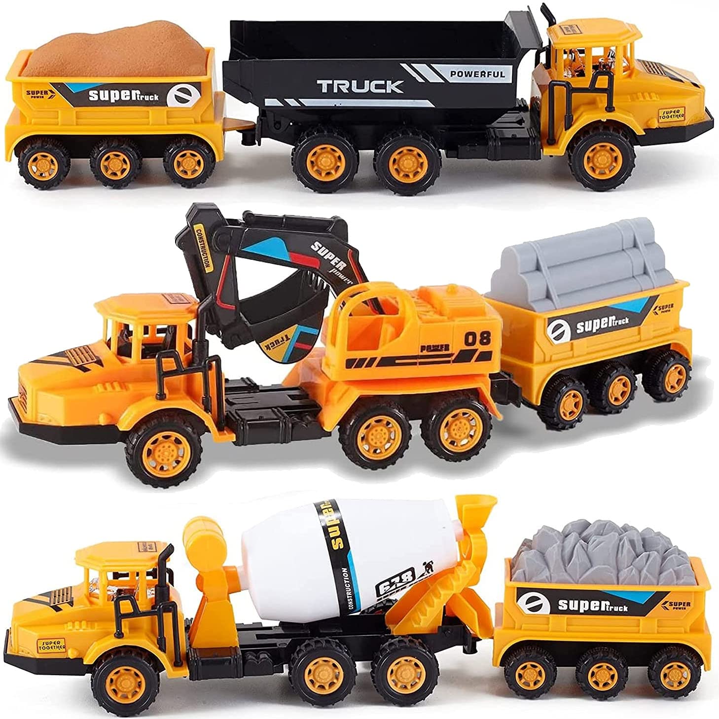 Liberty Imports 3 PCS Construction Trucks Toys for Kids, Big Rig Cargo Transport Model Vehicles Semi with Trailers Playset - Dump Truck, Cement Mixer, Excavator