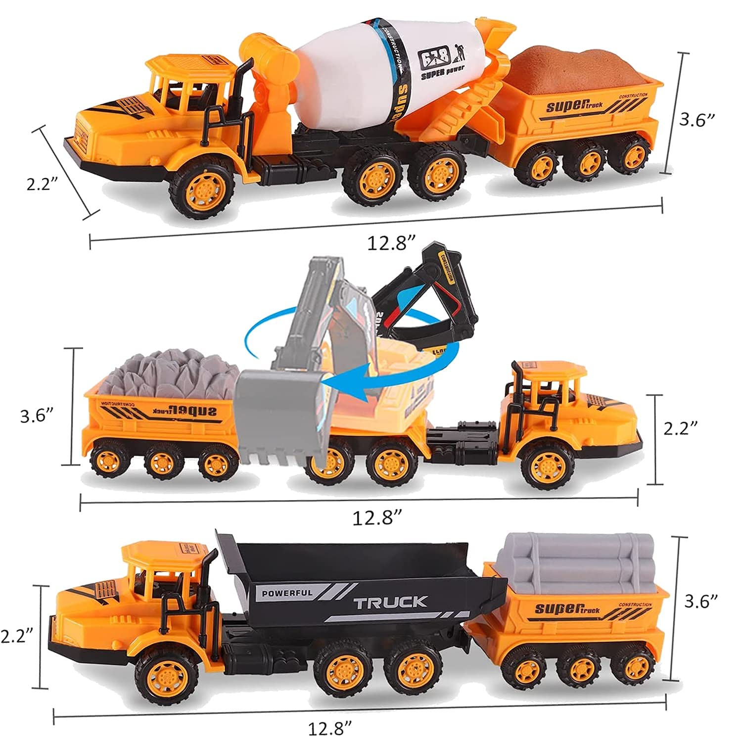 Liberty Imports 3 PCS Construction Trucks Toys for Kids, Big Rig Cargo Transport Model Vehicles Semi with Trailers Playset - Dump Truck, Cement Mixer, Excavator