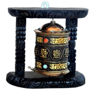 Tibetan Wood Copper Om Mani Padme Hum Wall Hanging Prayer Wheel-8 Auspicious symbols