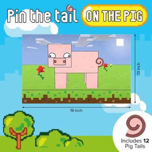 Silly Goose Gifts - Pin The Tail On The Pig - Fun Kids Birthday Party Supply Celebration Activity - Pixel Block Video Game Themed Mining Craft Adventure Attach - Sticking Animal Tail - Pin The Tail