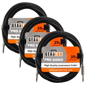 gearlux instrument cable/professional guitar cable 1/4 inch to 1/4 inch, black, 25 foot - 3 pack