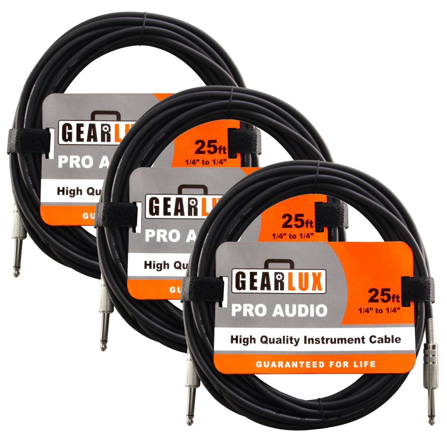 Gearlux Instrument Cable/Professional Guitar Cable 1/4 Inch to 1/4 Inch, Black, 25 Foot - 3 Pack