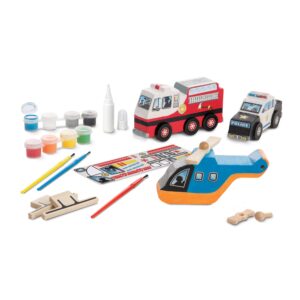 melissa & doug created by me! rescue vehicles wooden craft kit - decorate-your-own police car, fire truck, helicopter