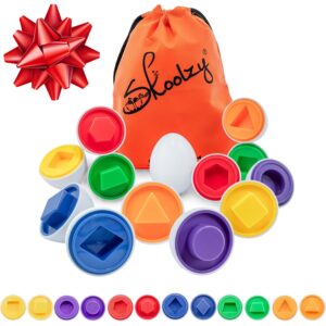 skoolzy shapes matching egg toy 6 pc set, easter egg basket toys for toddlers, montessori sensory bin toy for preschool kids & blind children learning shape sorting, with bag & ebook