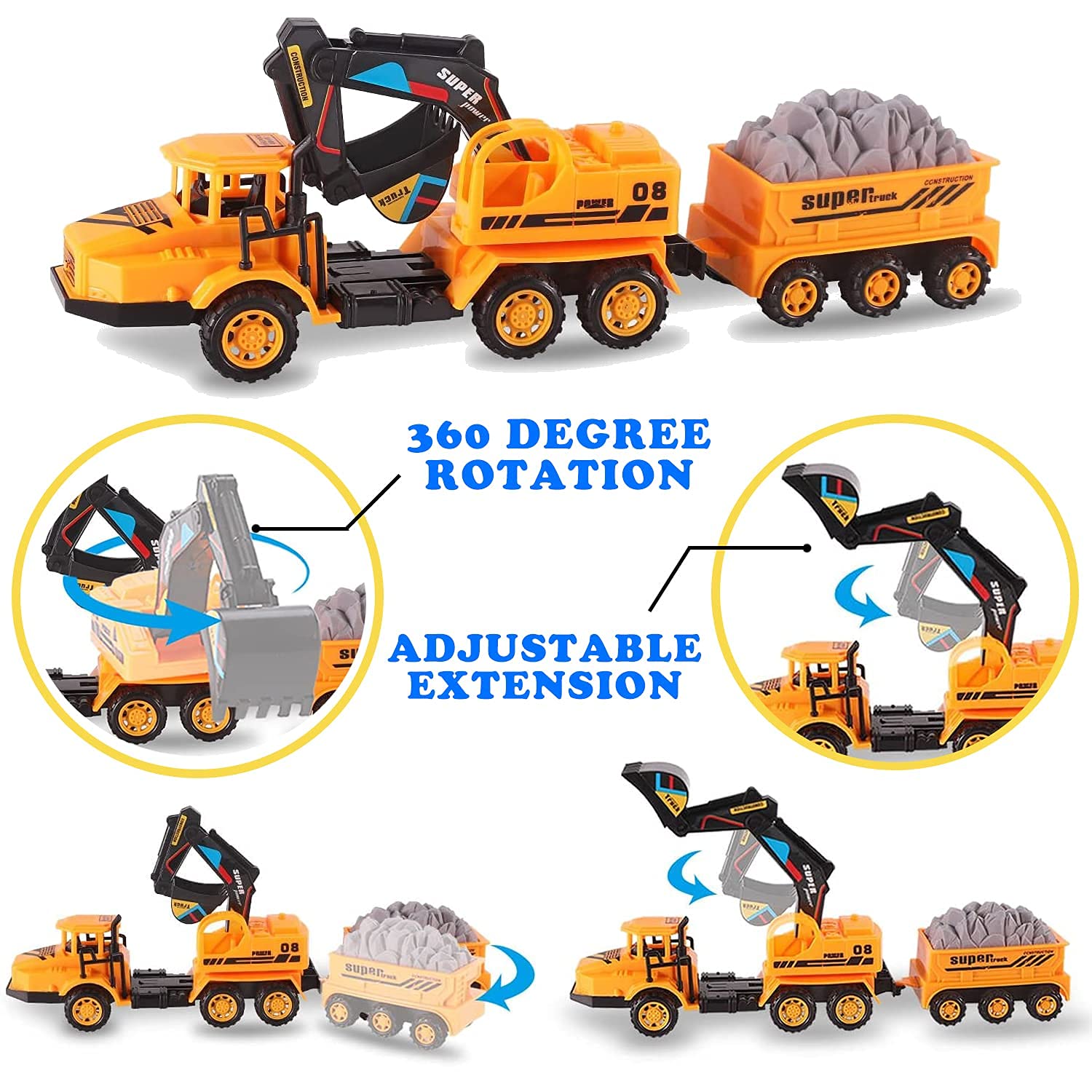 Liberty Imports 3 PCS Construction Trucks Toys for Kids, Big Rig Cargo Transport Model Vehicles Semi with Trailers Playset - Dump Truck, Cement Mixer, Excavator