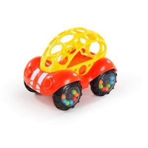 bright starts oball easy grasp rattle & roll buggie bpa-free push car infant crawling toy, 1 pack, age 3 months and up, red/yellow