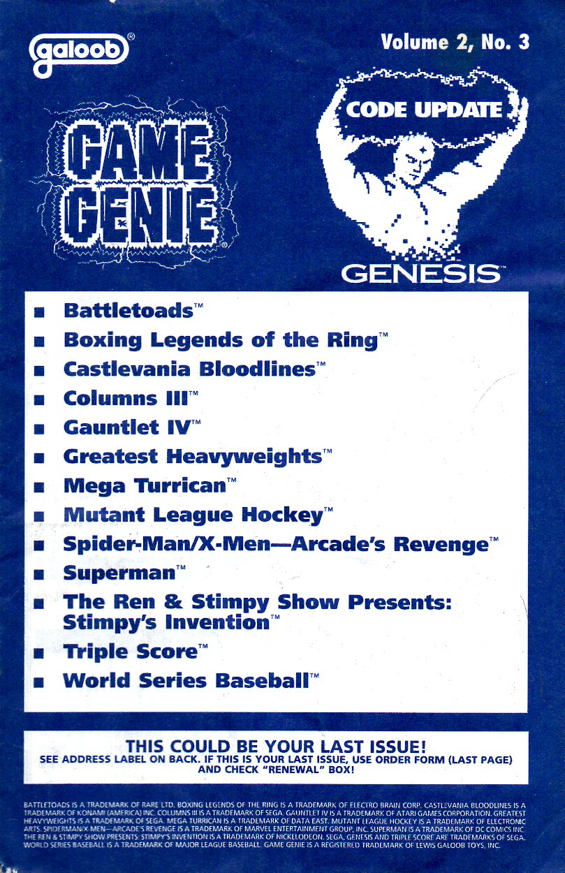 Game Genie Codebook Update for Sega Genesis - Volume 2 Number 3 (Supplement code update booklet with additonal codes not in original manual) (Game Genie Code Update) [Paperback] [1994] Galoob