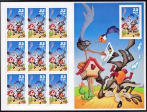 wile e. coyote & road runner looney tunes sheet of 10 33-cent stamps, us, scott 3391