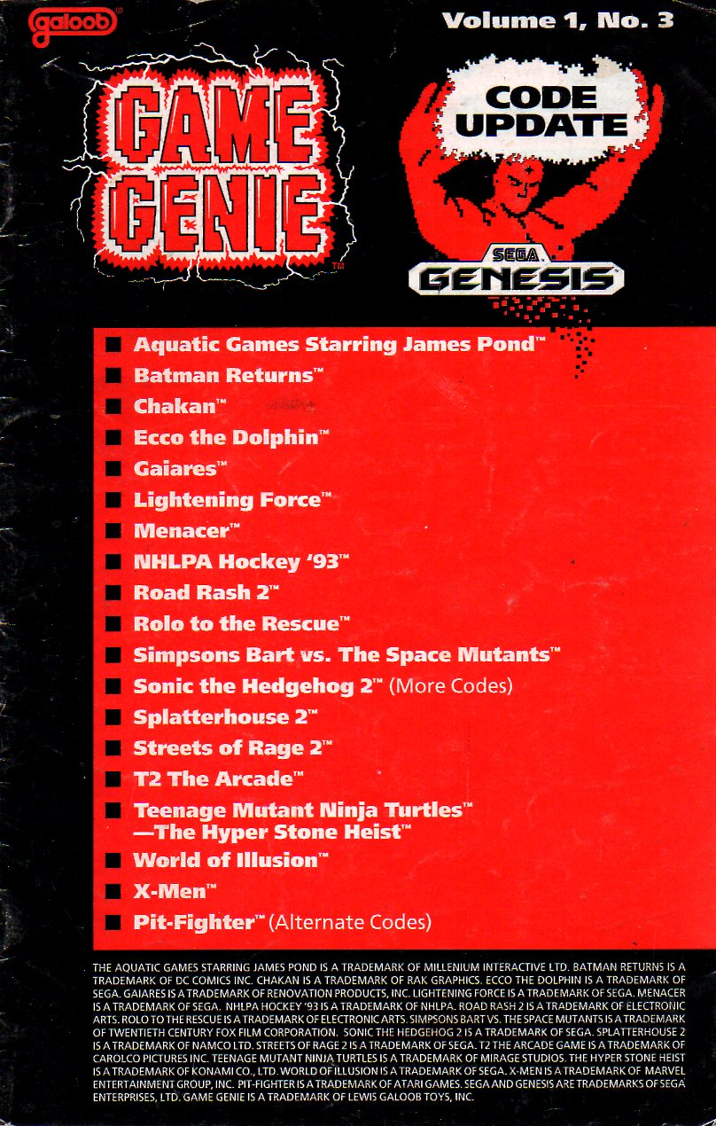 Game Genie Codebook Update for Sega Genesis - Volume 1 Number 3 (Supplement code update booklet with additonal codes not in original manual) (Game Genie Code Update) [Paperback] [1994] Galoob