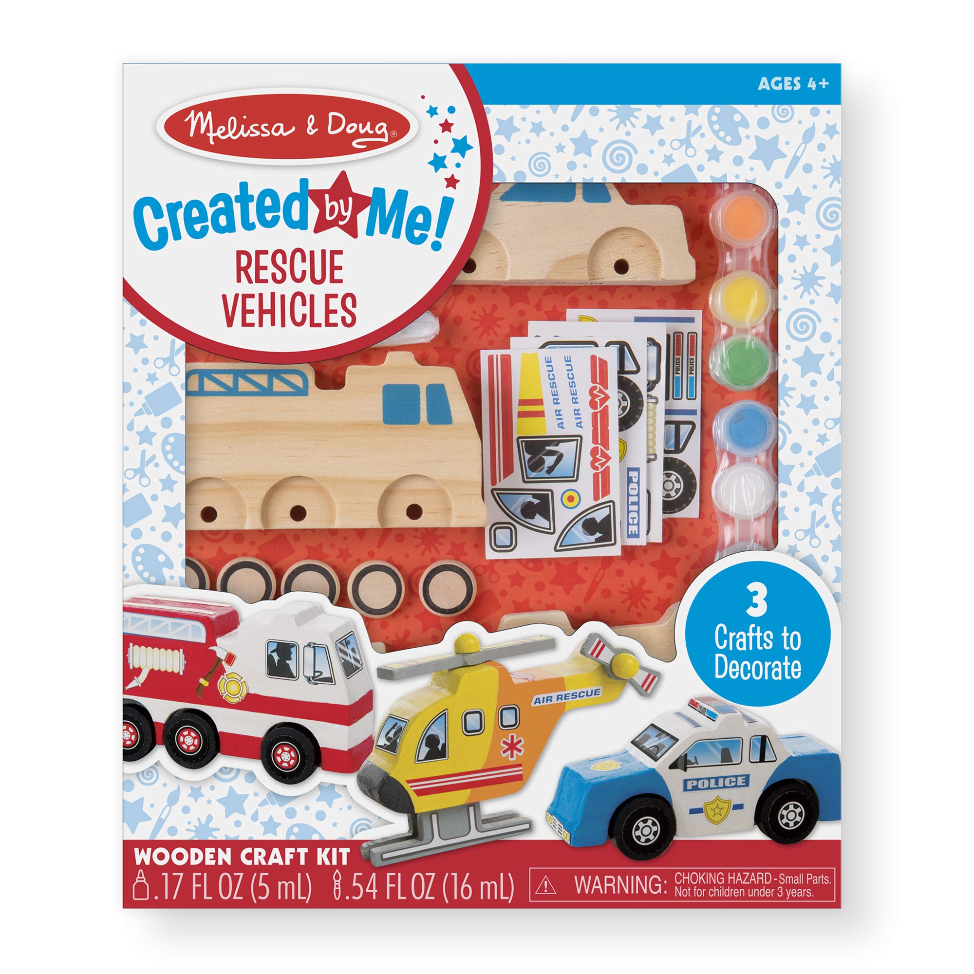 Melissa & Doug Created by Me! Rescue Vehicles Wooden Craft Kit - Decorate-Your-Own Police Car, Fire Truck, Helicopter