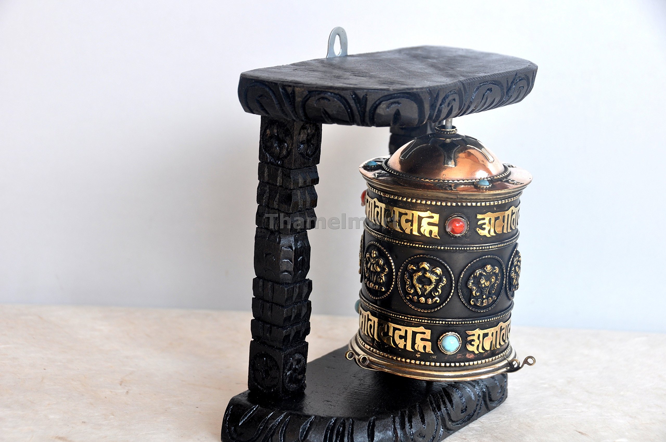 Tibetan Wood Copper Om Mani Padme Hum Wall Hanging Prayer Wheel-8 Auspicious symbols