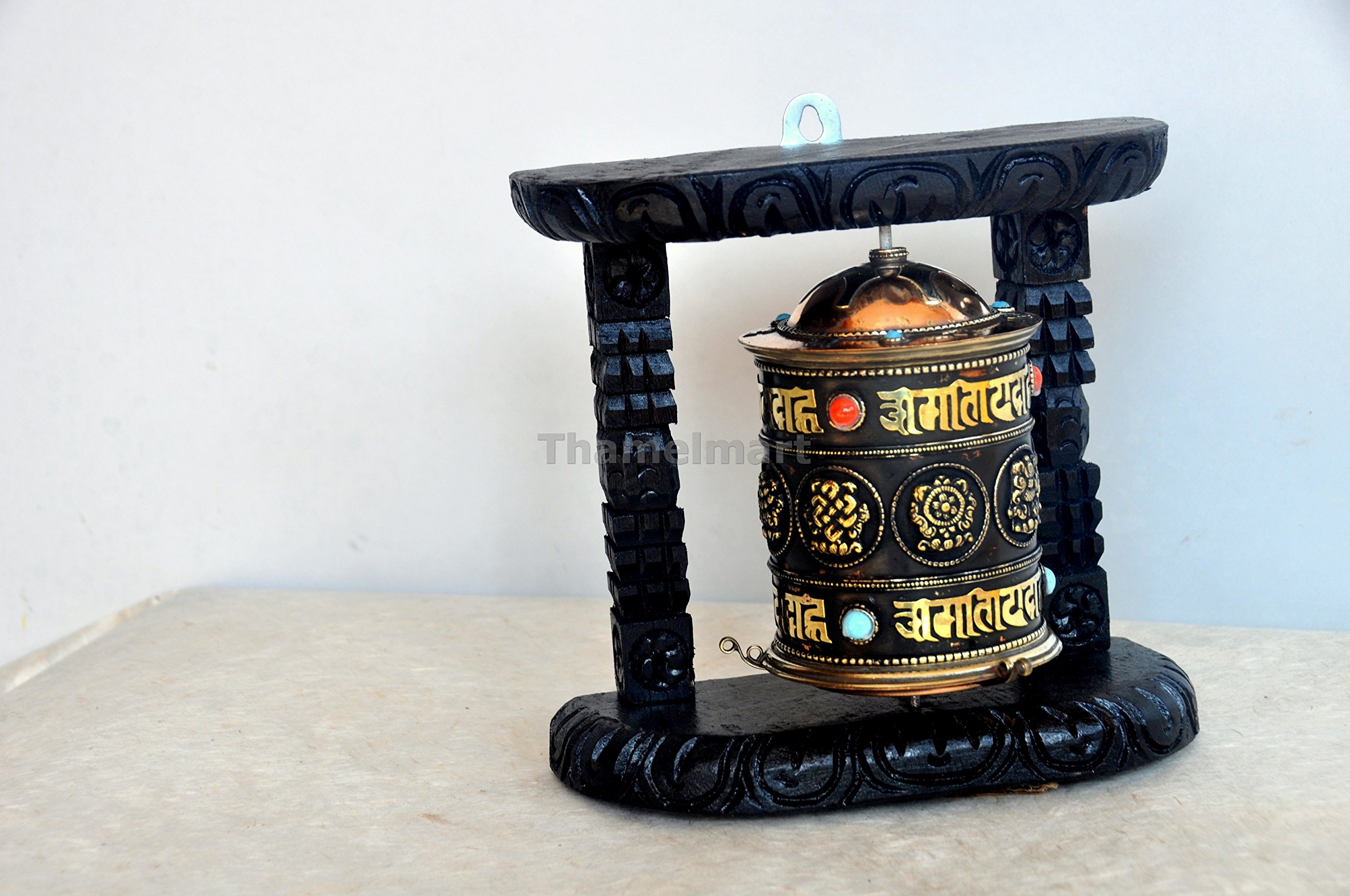 Tibetan Wood Copper Om Mani Padme Hum Wall Hanging Prayer Wheel-8 Auspicious symbols