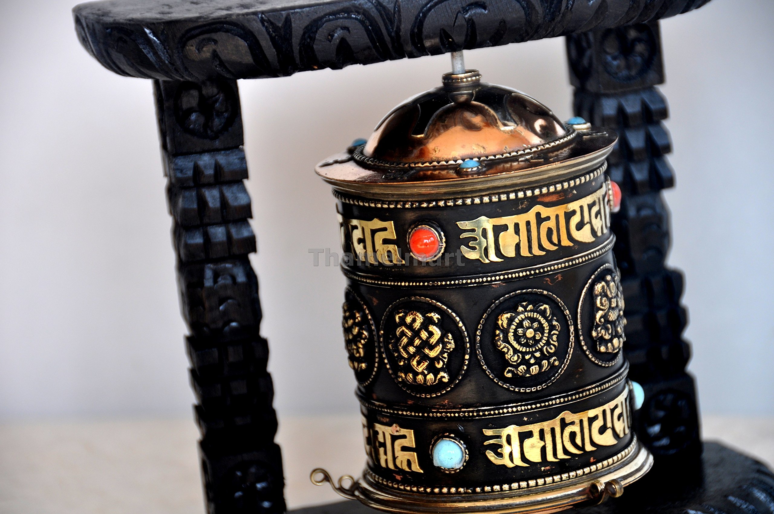 Tibetan Wood Copper Om Mani Padme Hum Wall Hanging Prayer Wheel-8 Auspicious symbols