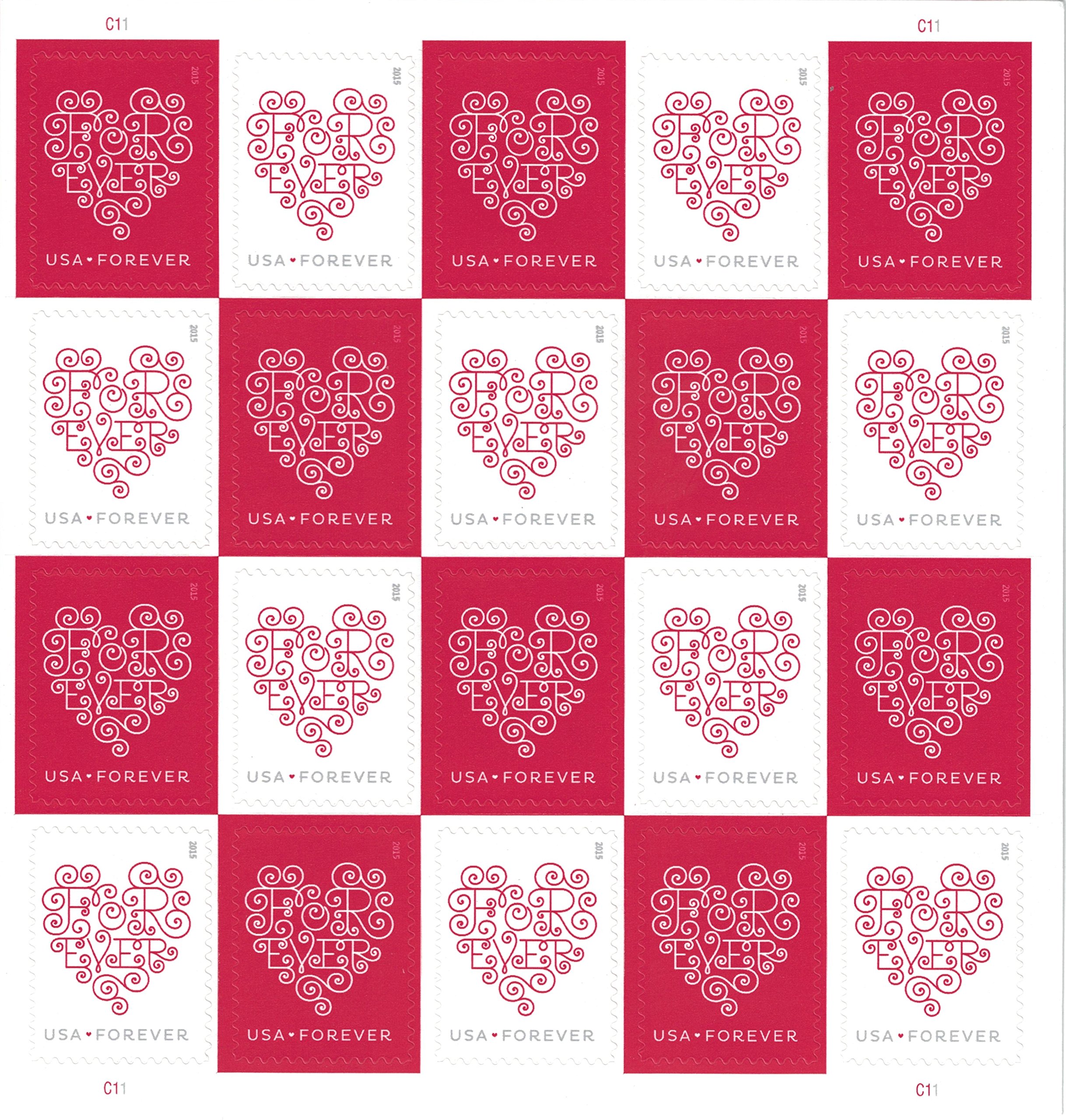 Forever Hearts Sheet of Twenty Forever Stamps - Great For Weddings Scott 4955 By USPS