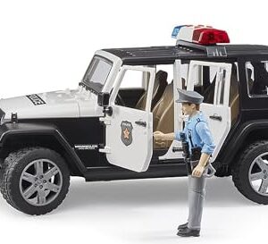 Bruder Toys - Emergency Realistic Jeep Wrangler Unlimited Rubicon Police Vehicle with Light Skintoned Policeman and Light and Sound Module with 4 Different Sounds - Ages 4+