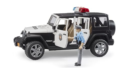 Bruder Toys - Emergency Realistic Jeep Wrangler Unlimited Rubicon Police Vehicle with Light Skintoned Policeman and Light and Sound Module with 4 Different Sounds - Ages 4+