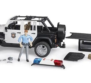 Bruder Toys - Emergency Realistic Jeep Wrangler Unlimited Rubicon Police Vehicle with Light Skintoned Policeman and Light and Sound Module with 4 Different Sounds - Ages 4+